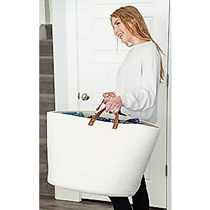 Sweetzer & Orange Extra Large Woven Cotton Rope Storage Basket – 23”x20.5”x15.5” w/Vegan Handles - Blanket Storage Baskets, Laundry and Toy Storage, Nursery Hamper - Off White XXL for Living Room