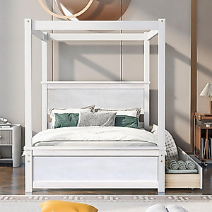 CITYLIGHT Full Size Canopy Bed with 2 Storage Drawers, Wooden Canopy Platform Bed with Headboard, Four Post Bed (Brushed White)