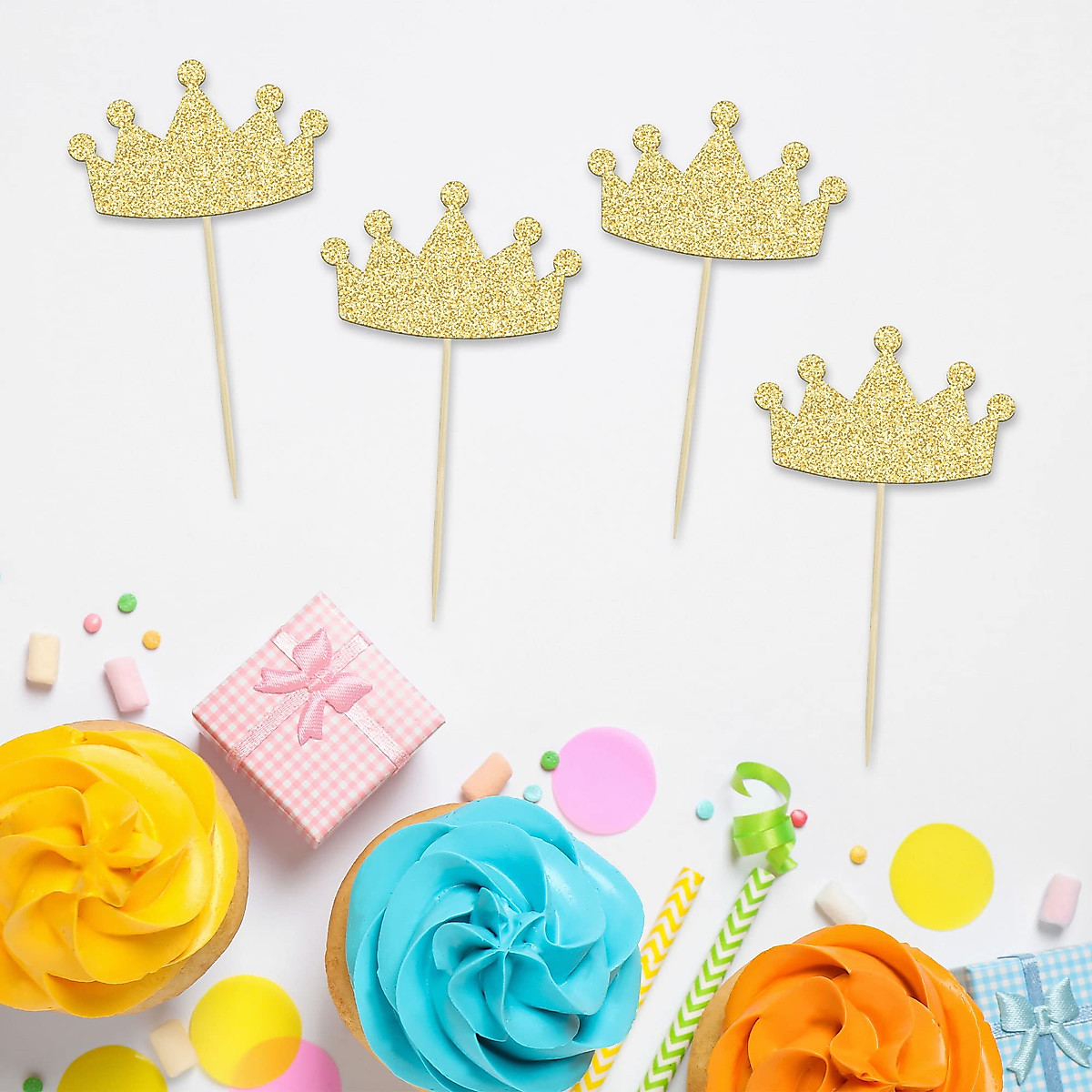 24Pcs Crown Cupcake Toppers Glitter Queen Crown Cupcake Picks for Queen Princess Theme Baby Shower Girls Wedding Birthday Party Cake Decorations Supplies Gold