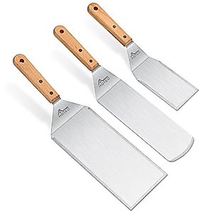 HOTEC Metal Flat Spatula Set Stainless Steel Barbeque Turner Griddle Scraper BBQ Tool, set of 3