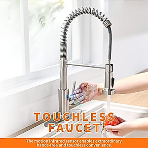 OWOFAN Touchless Kitchen Faucet with Pull Down Sprayer LED Light Single Handle Kitchen Sink Faucet Motion Sensor Smart Hands-Free, Stainless Steel Brushed Nickel 1080SN