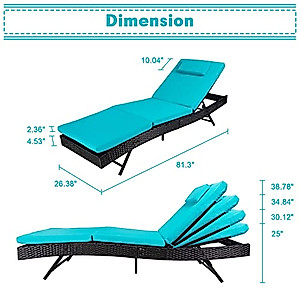 Oakmont Outdoor Chaise Lounge Patio Lounge Chair Wicker Adjustable Back Reclining Chair with Blue Cushion for Poolside, Garden, Backyard