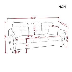 Lepfun Chesterfield, 86.6” Flare Sofa, Tufted 3 Seater Furniture, Velvet Couch with Scroll Arms and Nailhead for Living Room, Bedroom, Office, Apartment (Beige)