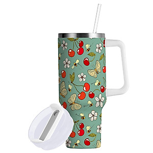 ZZXXB Bee Cherry Insulated Stainless Steel Water Bottle with Handle and Straw Lid Double Walled Travel Mug 40 oz