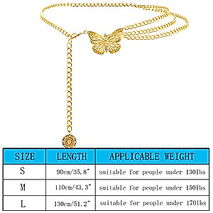 AMYGEM Multilayer Metal Waist Chain Belt for Women, Adjustable Women Long Belt Body Belly Jewelry for Dresses Jeans Trousers Gold Butterfly