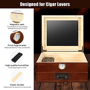 Glass Top Cedar Humidor with Front Hygrometer, Humidifier, Divider, and Accessory Drawer, Desktop Cedar Wood Cigar Box Holds 20-30 Cigars, Cigar Accessories for Men