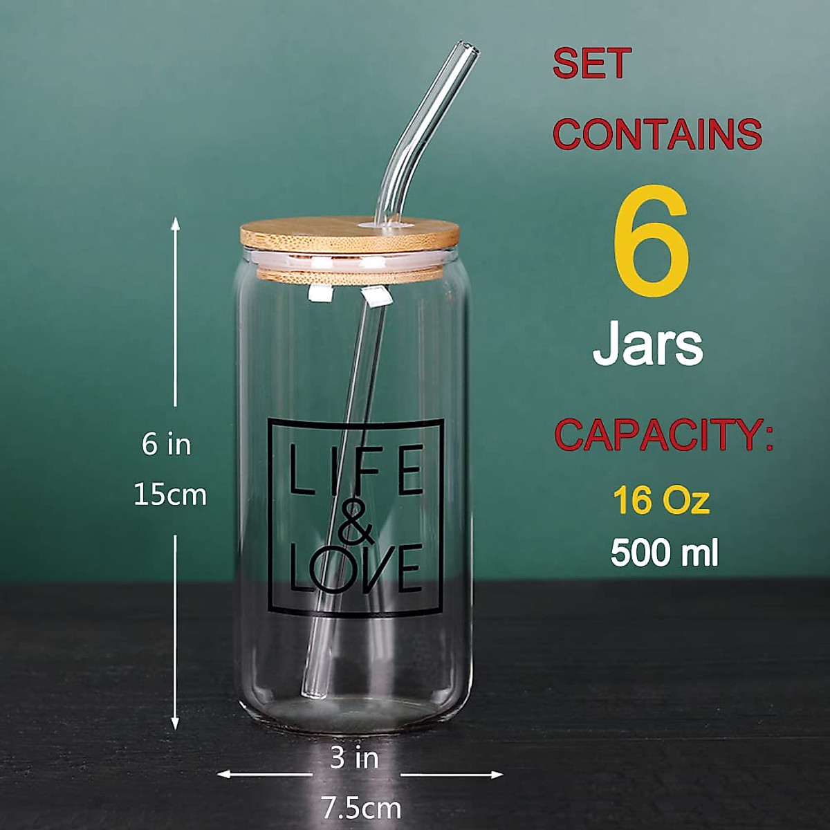 Tzerotone Drinking Jars with Bamboo Lids and Straws, 16 OZ Iced Coffee Cups with Lids, Cute Beer Can Shaped Glass Cups with Glass Straws for Bars, Party