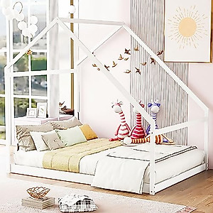 Tensun Full Size Wooden House Bed with Roof for Toddlers,Kids,Girls, Boys, Bedroom Children Full Floor Bed Frame,No Box Spring Needed,White