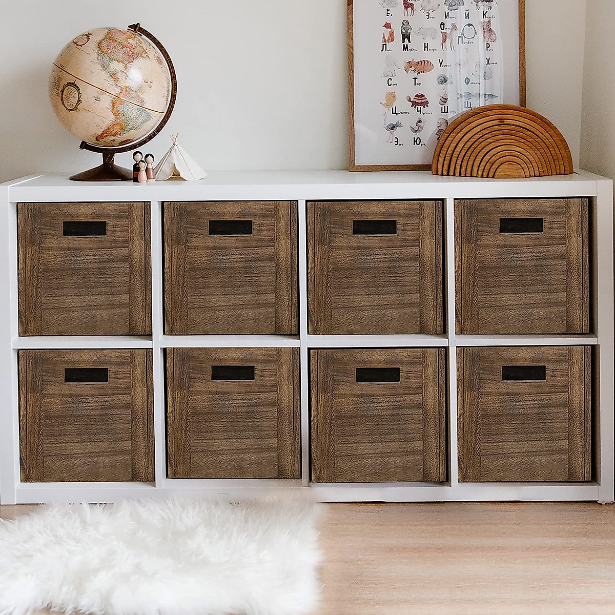 NC Luneodoki Wooden Decorative Storage Cube Boxes with Handles, 11” x Large Baskets For Shelves, Stackable Containers Organizing Bins Toy, Clothes, Books, Office, Rustic Brown