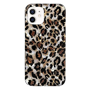 J.west Case Compatible with iPhone 12/12 Pro 6.1-inch, Luxury Sparkle Translucent Clear Leopard Cheetah Print Pearly Design Soft Silicone Slim TPU Protective Phone Case Cover for Girls Women (Bling)