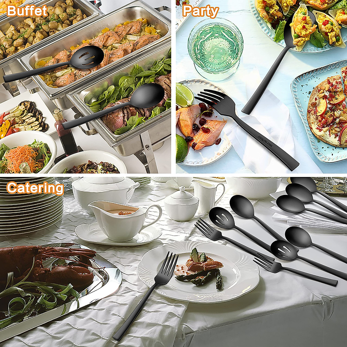 E-far Matte Black Serving Utensils Set of 6, Stainless Steel 8.7 Inch Hostess Serving Set with Square Edge, Metal Serving Slotted Spoons Forks for Party Buffet Catering