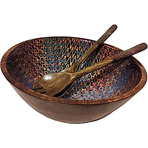 Decorative Wooden Bowl with Server Spoons - Mango Wood Enamel Serving Bowls for Mixing Fruit Salad Pasta Popcorn Cereal Soup 12" Diameter - Large Centerpiece Dish