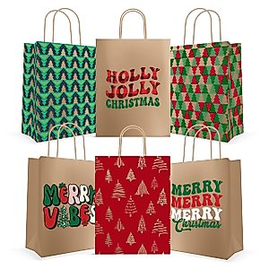 easykart labels 30 Christmas Kraft Gift Bags for Holiday Paper Gift Bags 6 Designs, Christmas Goody Bags, Xmas Gift Bags, Classrooms and Party Favors (9 x 7.3 x 3.3)