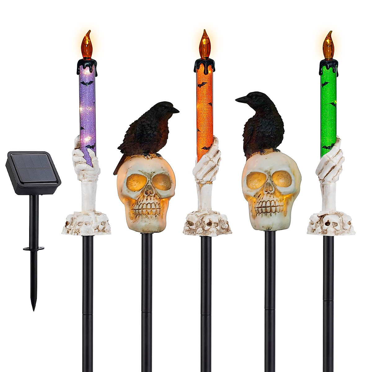 Halloween Outdoor Decoration Solar Lights,5 Pack Skull Candle Lights+Skull Solar Lights with Black Crow,Waterproof Solar Ghost Lights with Stakes,Stunning Halloween Decor for Lawn Yard Garden