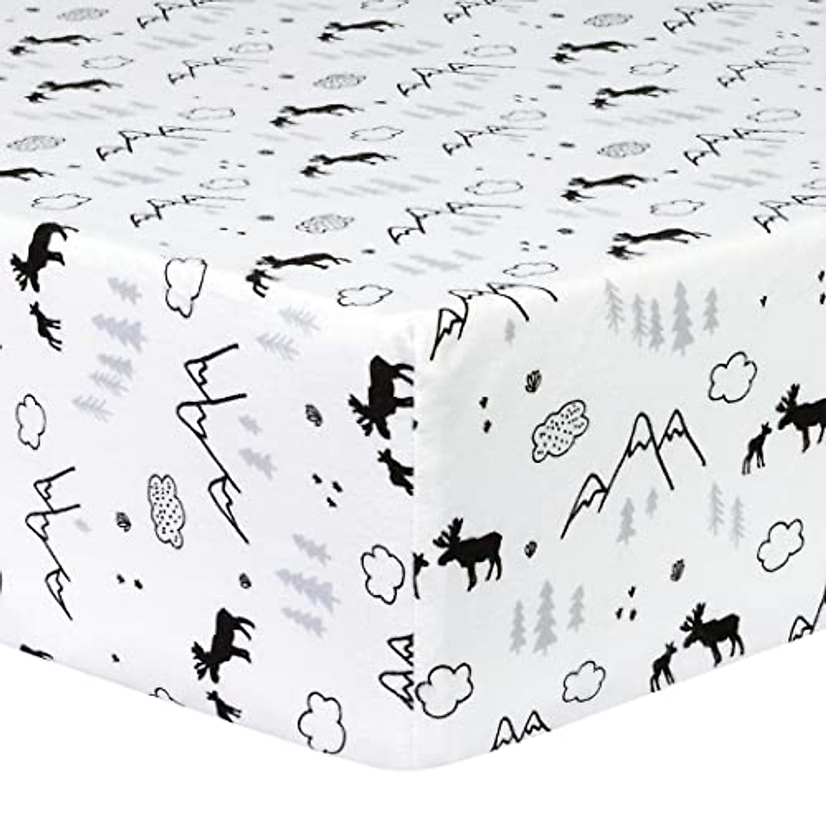 Lumberjack Moose Deluxe Flannel Fitted Crib Sheet-Moose and Mountain Print, Cotton Flannel, Black, Gray, White, Fully Elasticized, 10 in Deep Pockets, Fits Standard Crib Mattress 28 in x 52 in