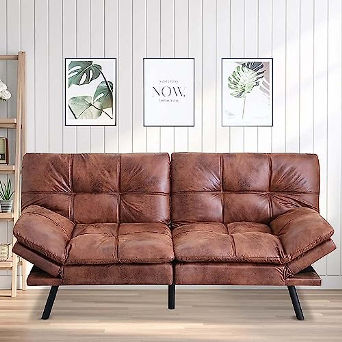 Fangflower Futon Sofa Bed, Faux Leather Memory Foam Couch, Foldable Convertible Sleeper Loveseat, Daybed for Living Room, Brown