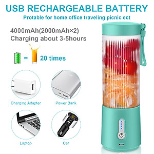 Binineew Portable Blender - 15oz Personal Blender Shakes and Smoothies USB Rechargeable - Multifunction Small Fruit Juicer Cup Kitchen Travel Camping Gym Office Baby Food (Blue)