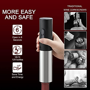 Electric Wine Bottle Opener, Battery Powered Stainless Steel Wine Bottle Opener, Wine Gift Automatic Wine Bottle Opener with Aluminum Foil Cutter (Stainless Steel Battery)