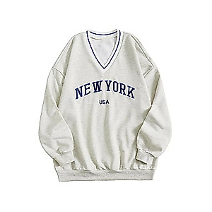 SOLY HUX Women's New York Letter Graphic Sweatshirt V Neck Long Sleeve Casual Pullover Tops Light Grey Letter L