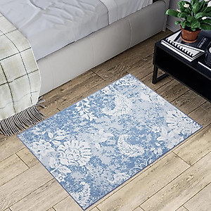 ROYHOME 2x3 Area Rug Modern Floral Rug Welcome Doormat Small Throw Carpet Washable Rugs Colorful Accent Carpet Botanical Printed Floor Carpet for Living Room Bedroom Nursery, Blue/Multi