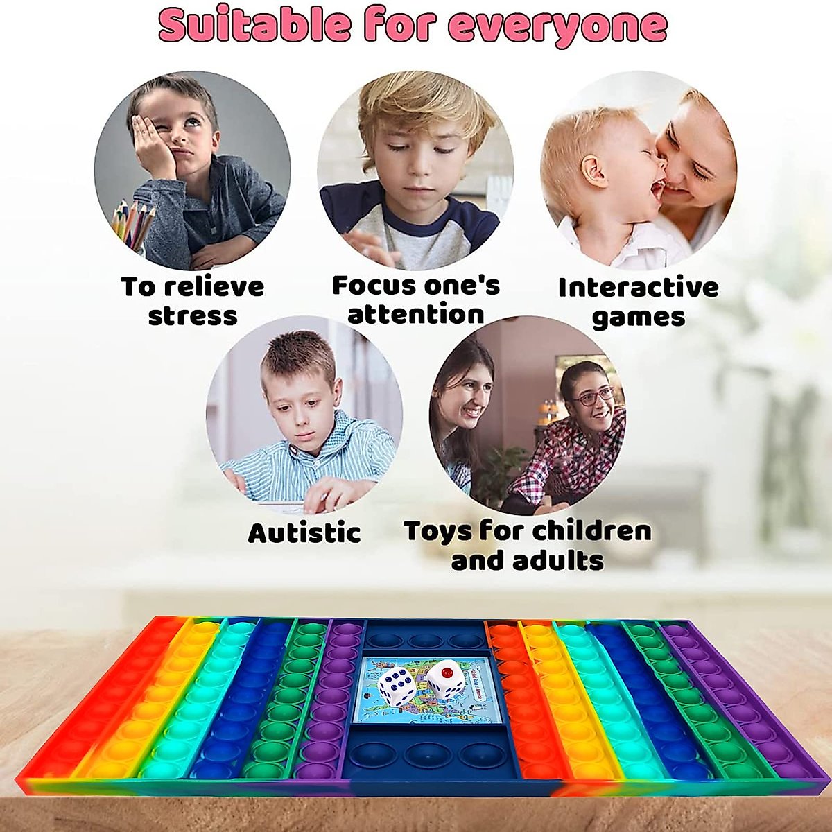 COOPEA Pop it Fidget Game with Dice, Silicone Rainbow Chess Game Board Giant Pops Push Bubble Fidget Sensory Toys for its Parent-Child Time,Jumbo Pop Game for Kids and Adults