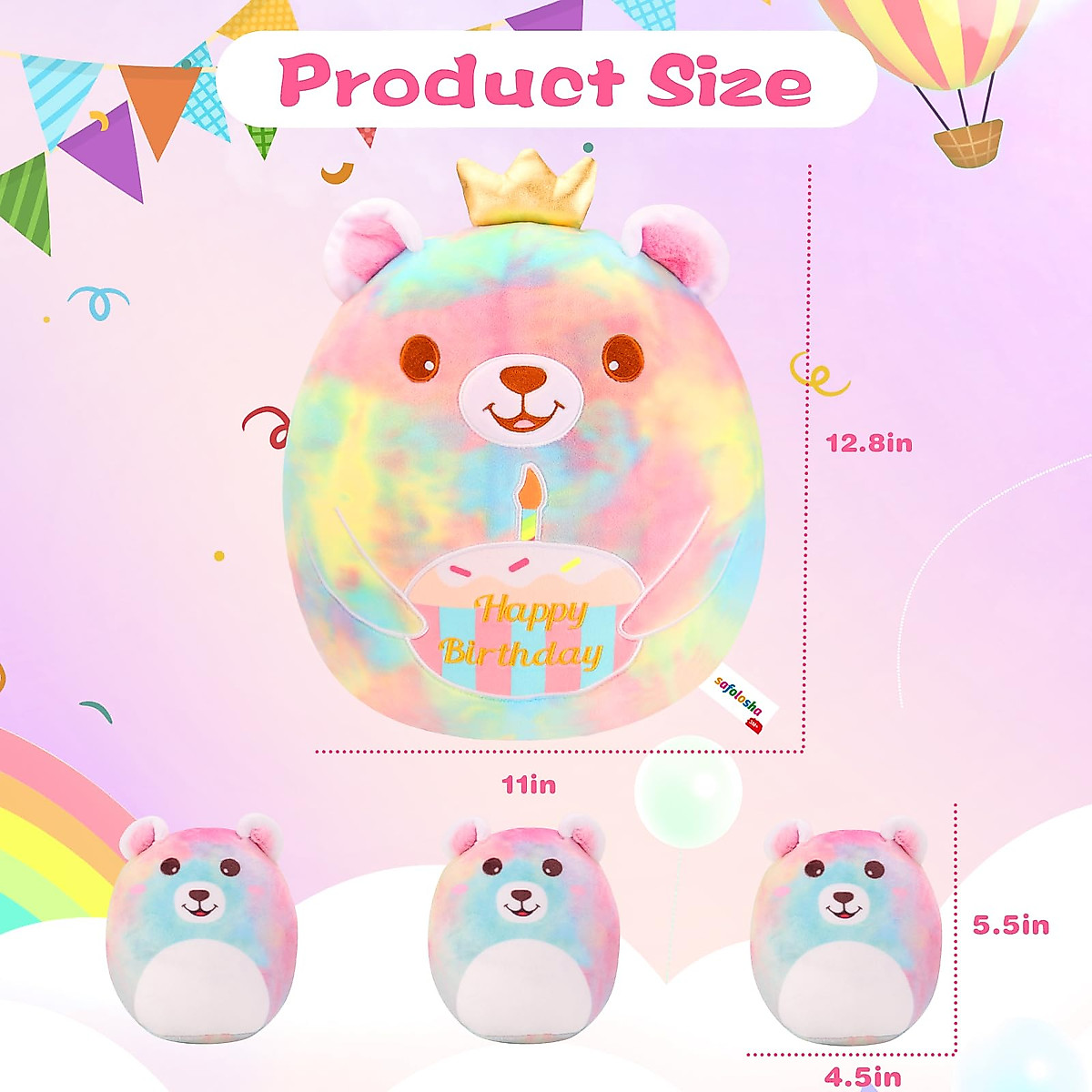 safolosha Birthday Bear Plush Pillow 12" Soft Bear Plush Toy Cute Bear Stuffed Animal with 3 Babies Bear Plushie Home Room Party Decoration Birthday Festival Prezzie for Kids Toddlers