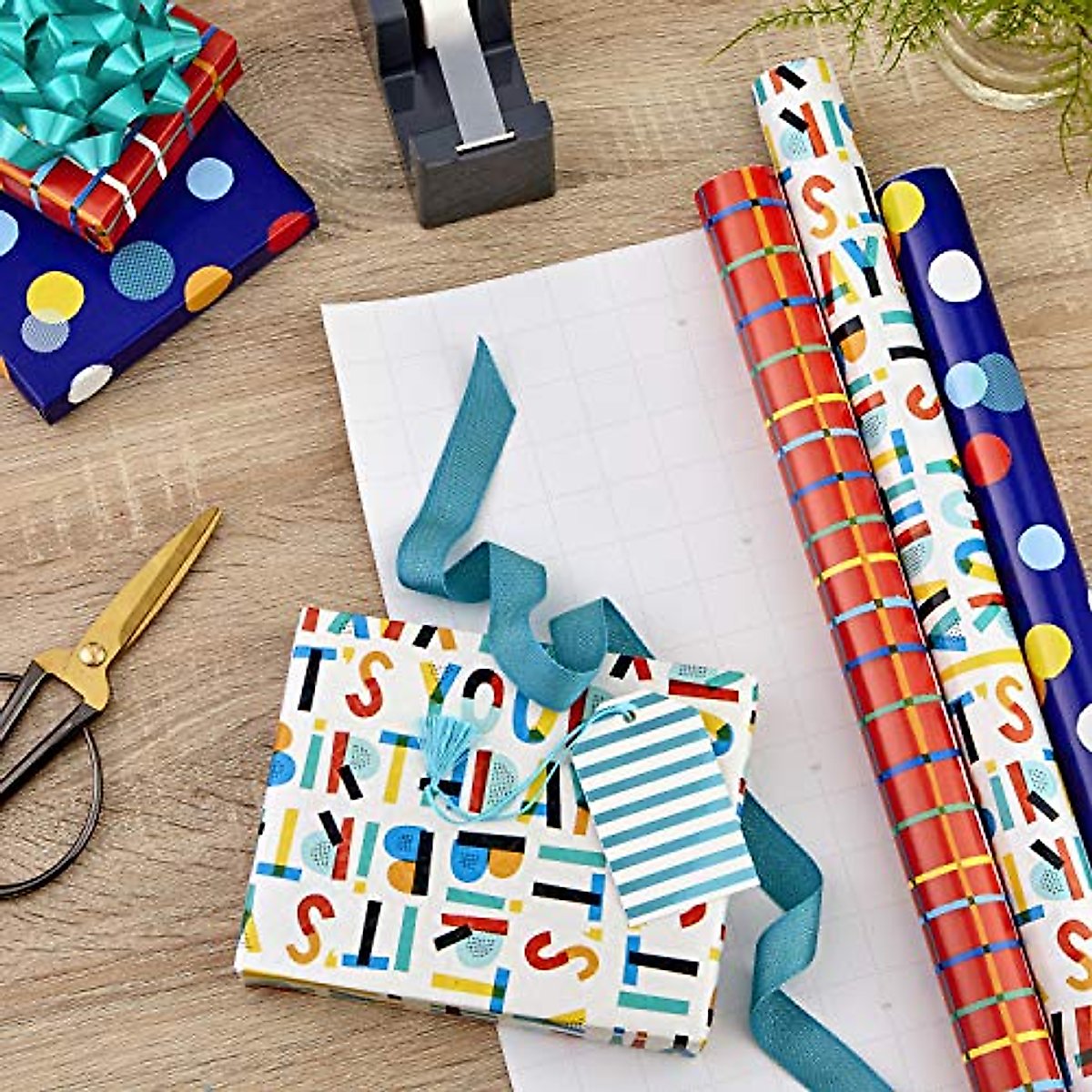 Hallmark Birthday Wrapping Paper Bundle with Cut Lines on Reverse (3-Pack: 55 sq. ft. ttl.) Bright and Holographic Prints and Patterns in Red, Blue, Yellow, White and More