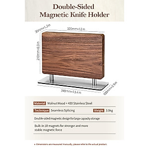 XINZUO Magnetic Knife Block,Natural Walnut Knife Holder Stand for Counter Top,with Strong Magnets,Double Sided Kitchen Knife Storage Rack