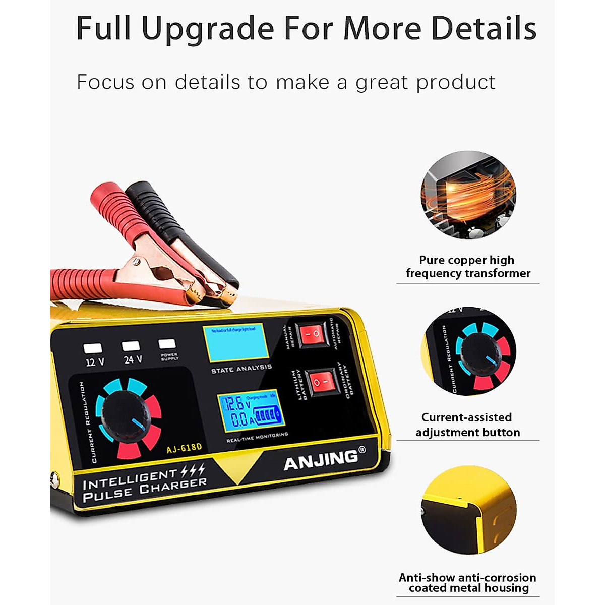 12V 24V Car Battery Charger, 15A Lead-Acid Lithium Battery Charger, Smart Trickle Charger Maintainer, Deep Cycle Battery Repair Charger Automotive Desulfator for Car Motorcycle Truck Boat Lawn Mower