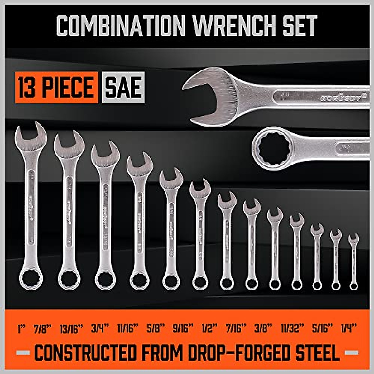 HORUSDY 26-Piece Wrench Set | Combination Wrench Set with Roll-up Pouch | SAE 1/4” - 1” and Metric 8mm - 24mm Wrench Set Metric and Standard