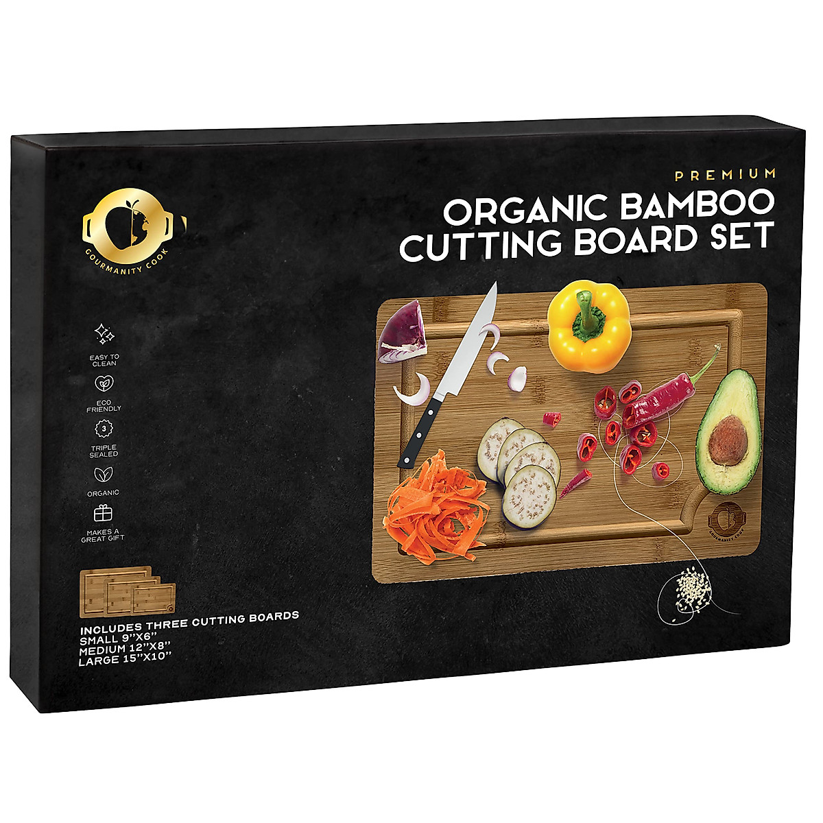 Organic Bamboo Cutting Board Set of 3 | Wooden Cutting Boards Set | Multipurpose for Meat, Veg, Cheese | Wooden Charcuterie Board with Juice Groove and Hidden Handles [3 Sizes] | by Gourmanity Cook