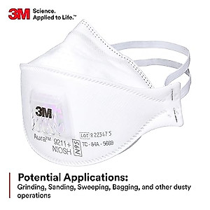 3M Aura Particulate Respirator 9211+, N95, Pack of 10 Disposable Respirators, Individually Wrapped, Cool Flow Valve, Flat Fold Design Allows for Facial Movement, NIOSH Approved, Comfort Plus, Dust