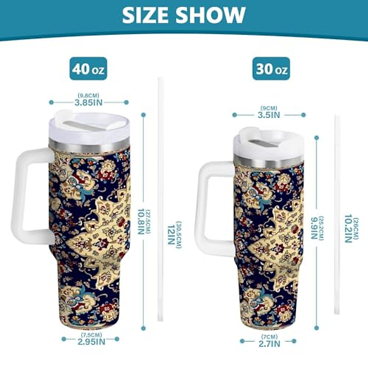 Jihqo Baroque Style Flowers 40 oz Stainless Steel Vacuum Insulated Tumbler with Handle and Straw Lid, Leakproof Water Bottle Double Wall Travel Mug Coffee Cup, Cupholder Friendly