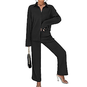 Ekouaer Womens Lounge Sets Button Down Shirt and Pants Loungewear Pajamas 2 Piece Outfits with Pockets Black M