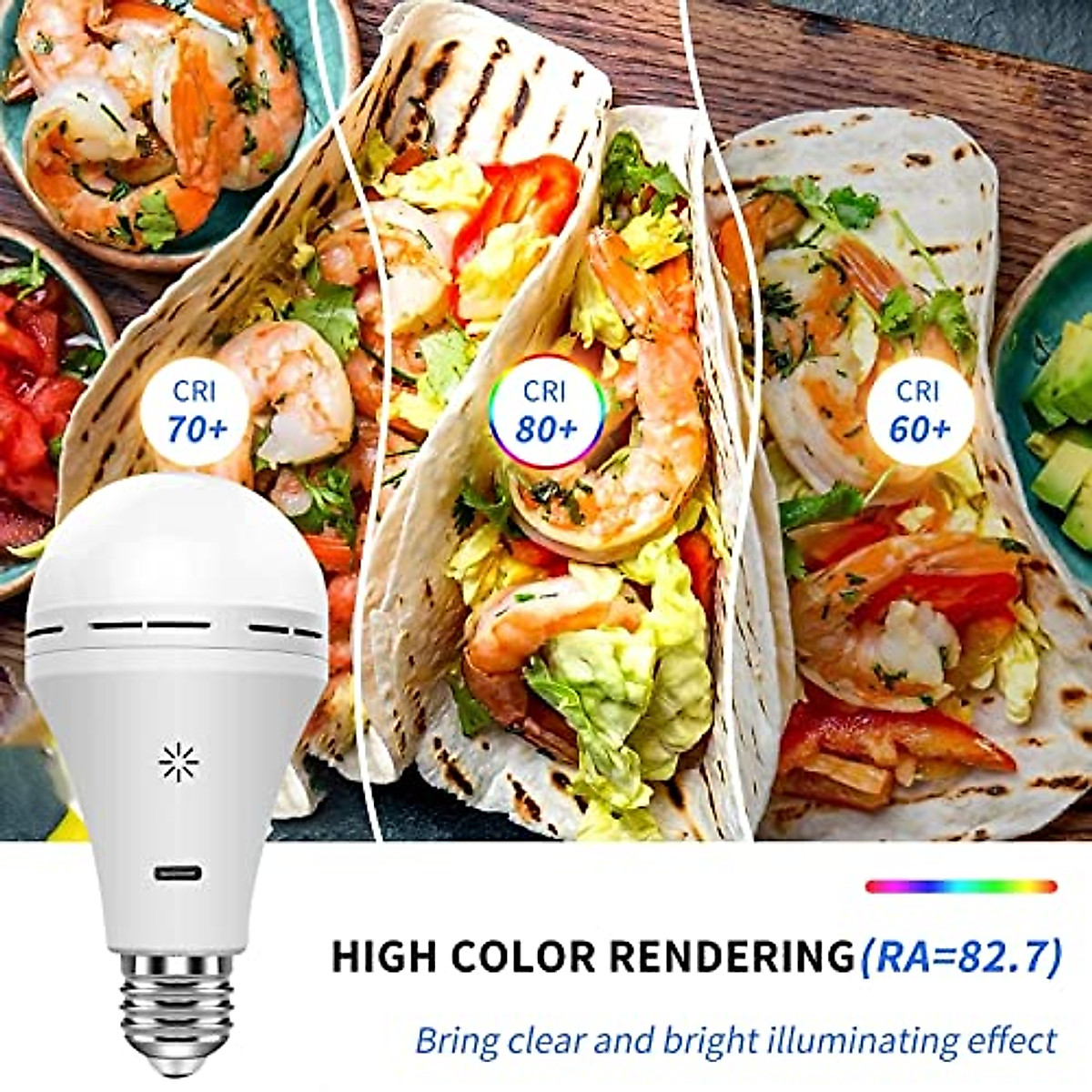 USB C Rechargeable Light Bulb with Remote Control, 7W Battery Powered Light Bulbs E26 Touch Control Dimmable LED Bulb with Timing Function, Outdoor Camping Emergency Light Bulb with Hook,6500K/1 Pack