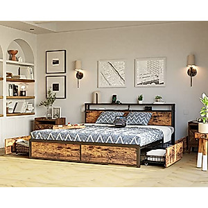 LIKIMIO King Bed Frame with Storage Drawer, 2-Tier Storage Headboard with Charging Station, No Box Spring Needed, Easy Assembly, Vintage Brown
