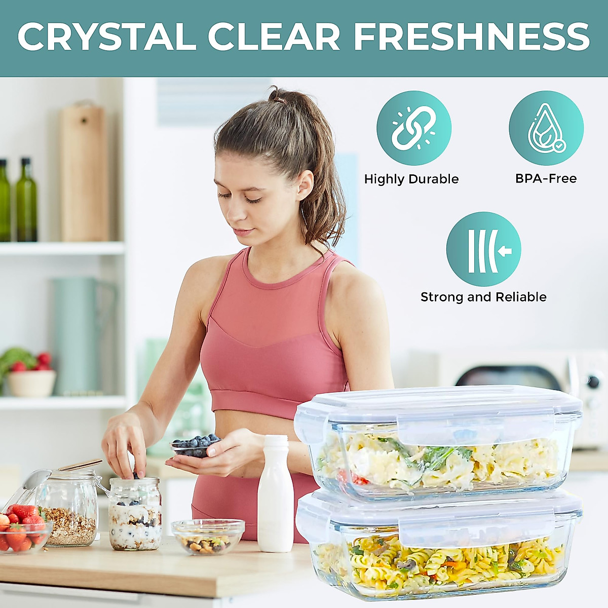 6.5 Cups/ 52 Oz 4 Piece (2 Containers +2 Lids) Glass Food Storage/ Baking Container Set w/Locking Lid - For Storing & Serving BPA Free & Leak Proof - Microwave, Dishwasher, Fridge, Freezer n Oven Safe
