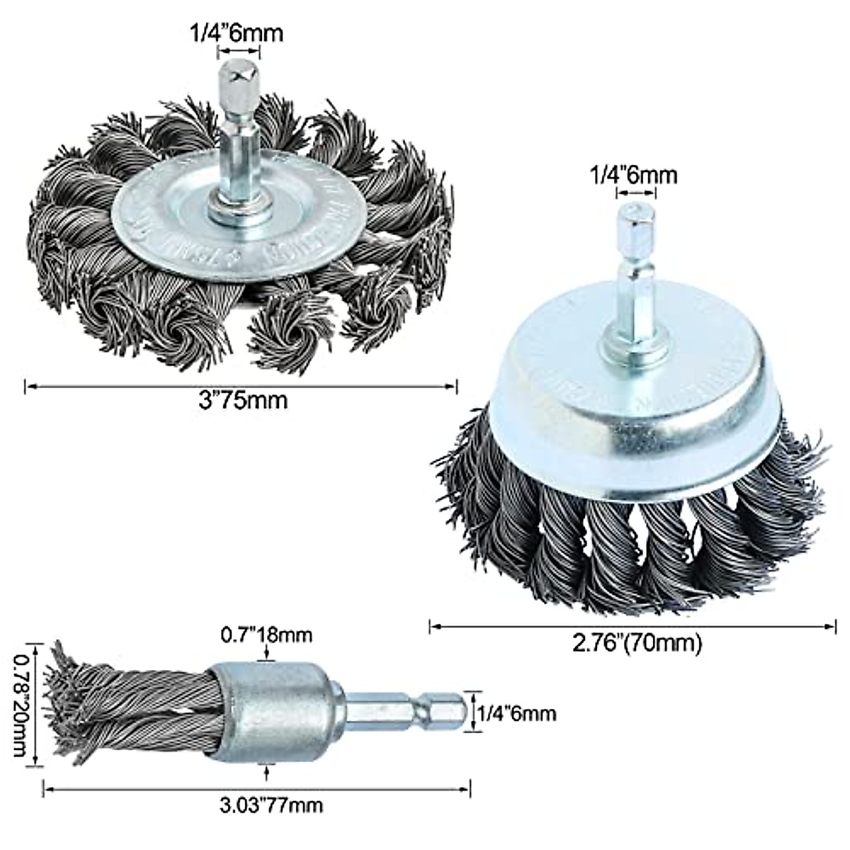 FPPO 3PCS 3 Inch Knotted Wire Wheel Cup Brush and Twist End Brush Set,1/4" Shank for Drill,Perfect for Rust Removal, Corrosion and Paint
