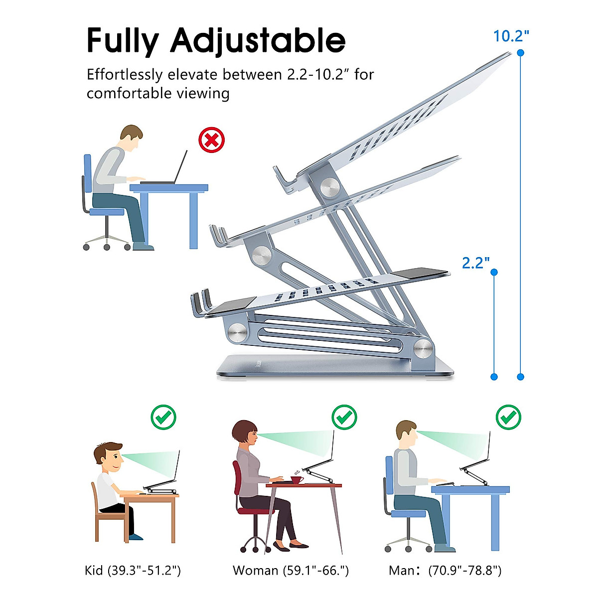AboveTEK Laptop Stand, Adjustable Laptop Riser, Aluminum Computer Stand for Laptop up to 17.3 Inches, Portable Laptop Holder Compatible with MacBook Pro, HP, Ergonomic Desktop for Office, Home, Grey