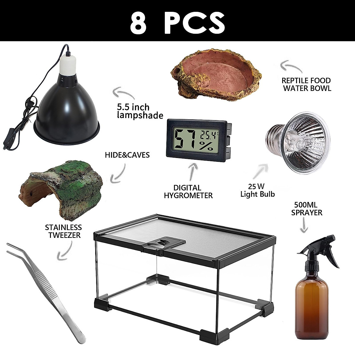 SARUFO Reptile Glass Terrarium Kit(8 Pieces) 12 * 8 * 6 in, Amphibian Tank Starter Kit, Suitable for Small Reptiles such as Geckos, Snakes, Lizards, Chameleons,Serpents(12 * 8 * 6 inchs)