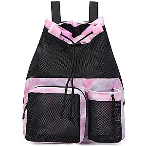 Lohol Mesh Drawstring Backpack with Shoes Bag, Swimming String Sack for Sports Gym Yoga Beach Travel (Pink Galaxy)