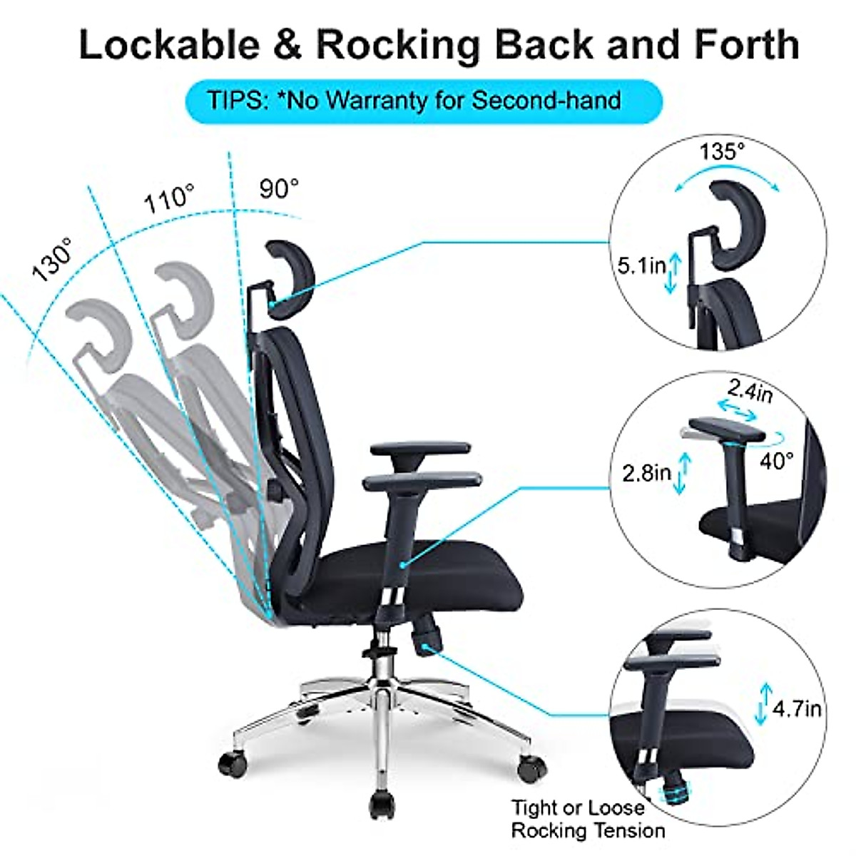 Ticova Ergonomic Office Chair - High Back Desk Chair with Adjustable Lumbar Support, Headrest & 3D Metal Armrest - 130° Rocking Mesh Computer Chair