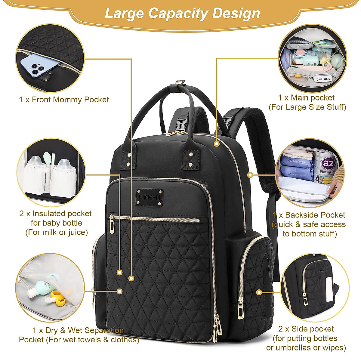 Homfu Diaper Bag Backpack Black Newborn Baby Registry Research Essentials