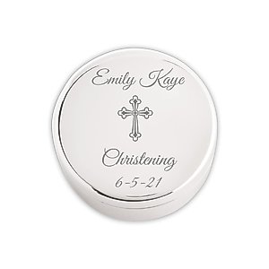 Personalized Round Jewelry Keepsake Box with Custom Name and Engraved Cross with Message for Baby Christening Gift, Silver Toned
