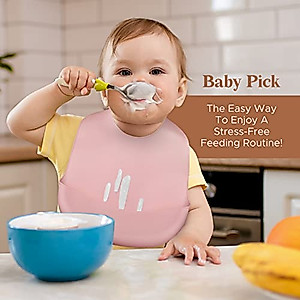 Baby Pick Silicone Bibs For Babies- BPA-Free Waterproof Bib With Pocket- Dishwasher Safe Feeding Bib With Food Catcher (Pink)