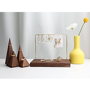 GemeShou Walnut Brass Jewelry Storage Display, Wooden earring organizer for dangle hoop hook, Earring display stands for boutique Closet show【Walnut U Shelf Height 5.91"-Big】
