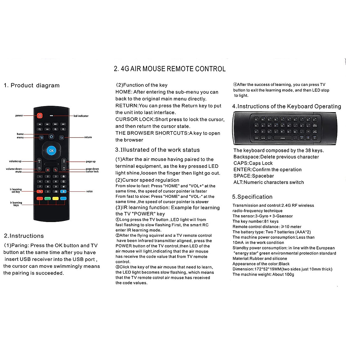 CHUNGHOP MX3 Voice Air Mouse Mini Keyboard Wireless Remote, 2.4G Multifunctional Fly Mouse with Motion Sensing Game Handle for 3-Gsensor HTPC Mini PC PS3/4 Xbox 360 and Android Smart TV Box 3-Gyro