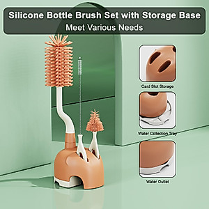 eBanGo Silicone Bottle Brush Set with Stand, 360° Rotating Silicone Bottle Cleaning Brush Cleaner Set, Long Handle 3 in 1 Multipurpose Silicone Baby Bottle Gap Cap Cleaner Brush (Orange)