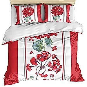 Dinhomela California King Bedding Set 3 Piece Abstract Red Floral Comforter Cover Set, Soft Bedding Set for Baby Girl Boy All Season Duvet Cover with Pillow Shams Spring Summer Flowers Botanical