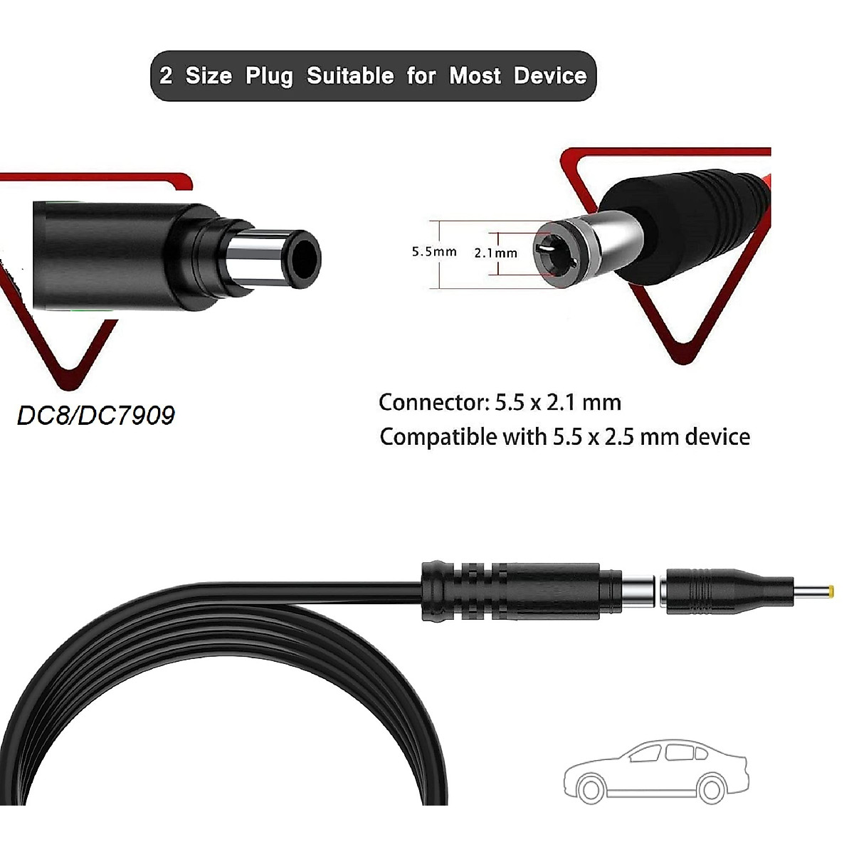 Jackery Charging Cord,12V Cigarette Lighter toDC8mm Connector Car Charger Power Adapter Fits Portable Power Station Solar Generator Mobile Lithium Battery Pack DVD Player Car DVR